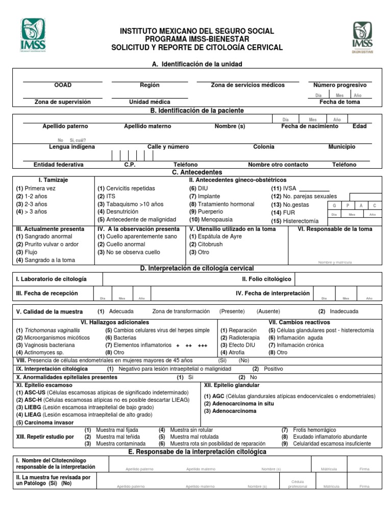 Formato Citología IMSS - BIENESTAR 2022 | PDF | Inflamación | Medicina CLINICA
