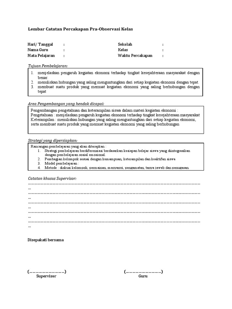 1 - Lembar Catatan Percakapan Pra-Observasi Kelas | PDF