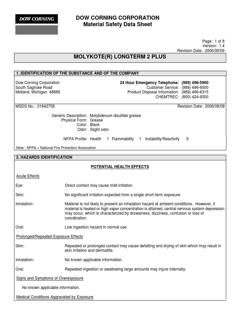 MOLYKOTE Longterm 2 Plus MSDS | PDF | Personal Protective Equipment ...