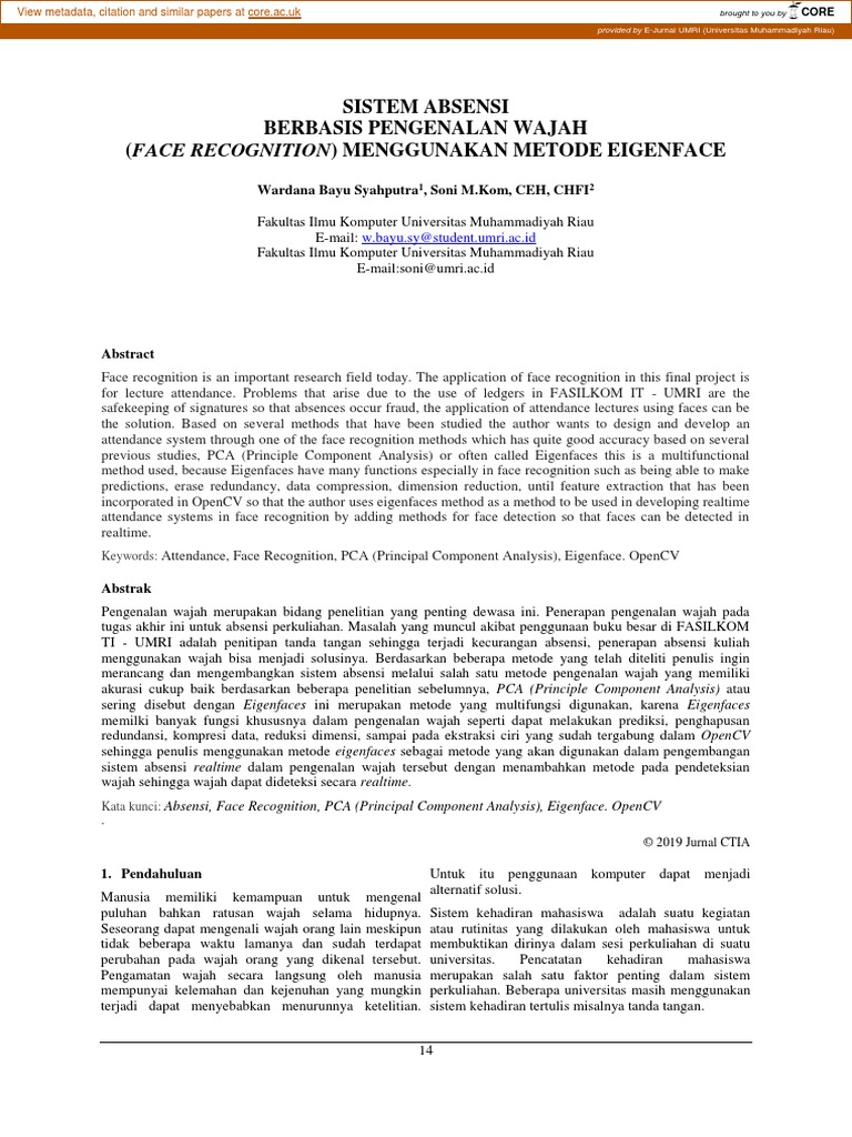 Sistem Absensi Berbasis Pengenalan Wajah (Face Recognition) Dengan Menggunakan Metode Eigenface ...