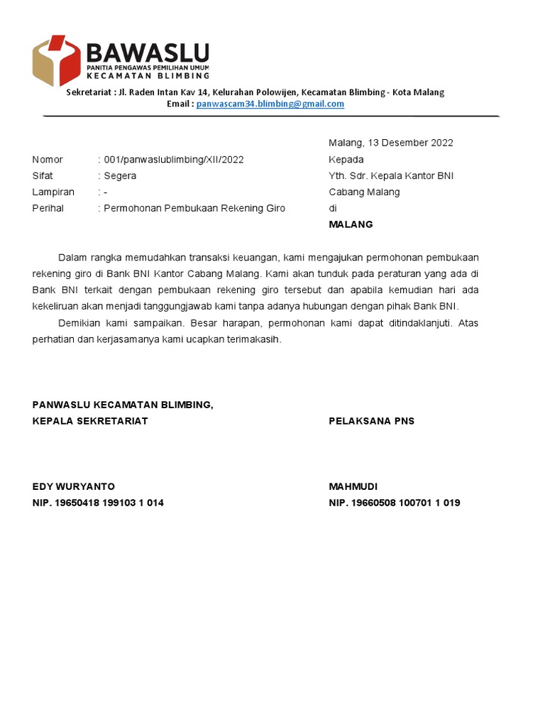 Surat Permohonan Pembukaan Rekening Bank | PDF