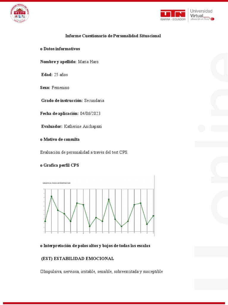 Informe Cuestionario de Personalidad Situacional | PDF | Relaciones personales, crianza y ...