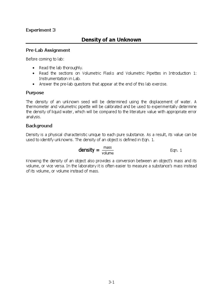 Chem V01al - Exp 03 Density of An Unknown - Fall22 | PDF | Science ...