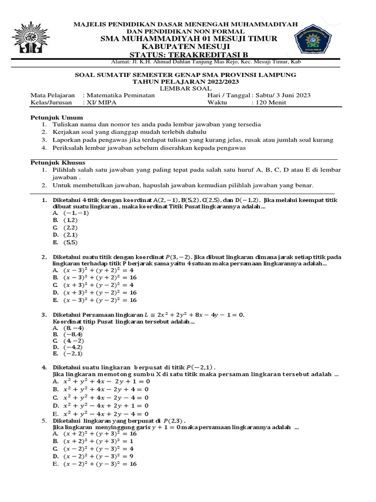 1.1 Naskah Soal Paket 1 - Matematika Peminatan - Kelas 11 - Kurikulum 2013 | PDF | Metode ...