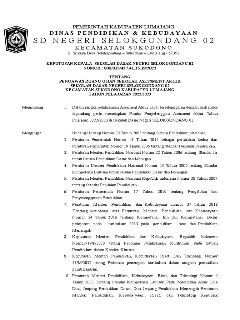 SK Pengawas Ruang 2022-2023 | PDF