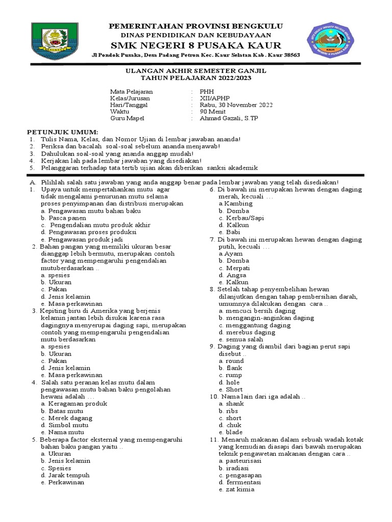 SOAL UAS GANJIL PHH Klas Xii 20222023 | PDF