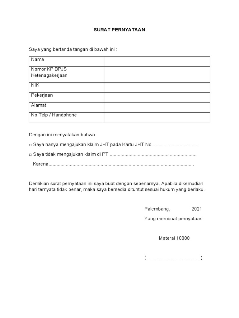 Surat Pernyataan Klaim 1 KPJ | PDF