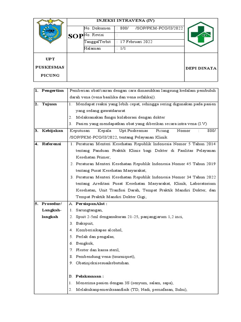 C.037 SOP Injeksi Intravena (IV) (FIX) | PDF | Sains & Matematika