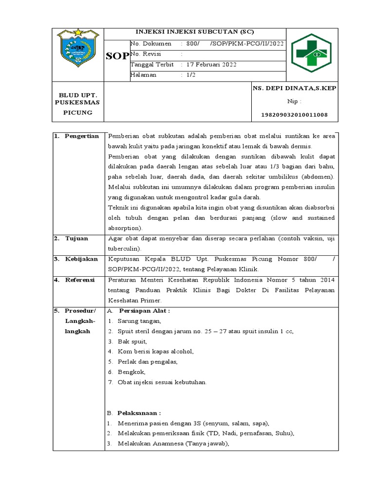 SOP Injeksi Subcutan (SC) (FIX) | PDF | Sains & Matematika