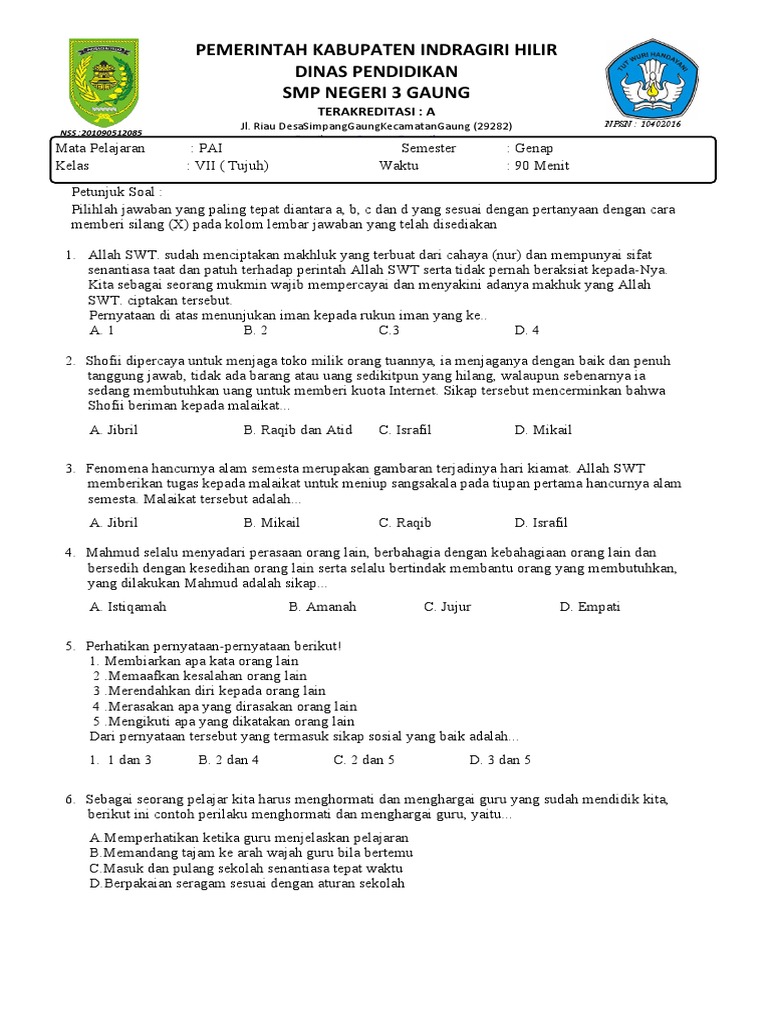 Soal Agama Kls 7 Semester Genap23 | PDF