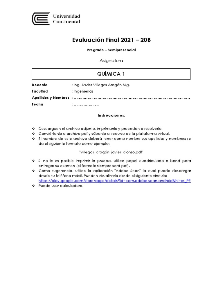 Evaluación Final Química 01 Semipresencial 2021 20b - Solución | PDF ... Evaluación Final Química 01 Semipresencial 2021 20b - Solución | PDF ...