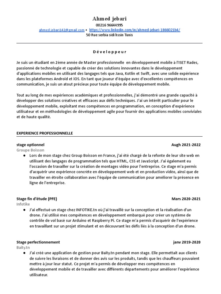 Profil d'Ahmed Jebari, Développeur Mobile | PDF | Internet | Internet ...