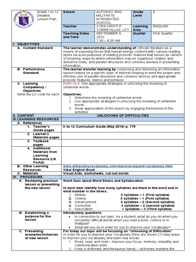 Lesson Plan (Unlocking of difficulties) | PDF