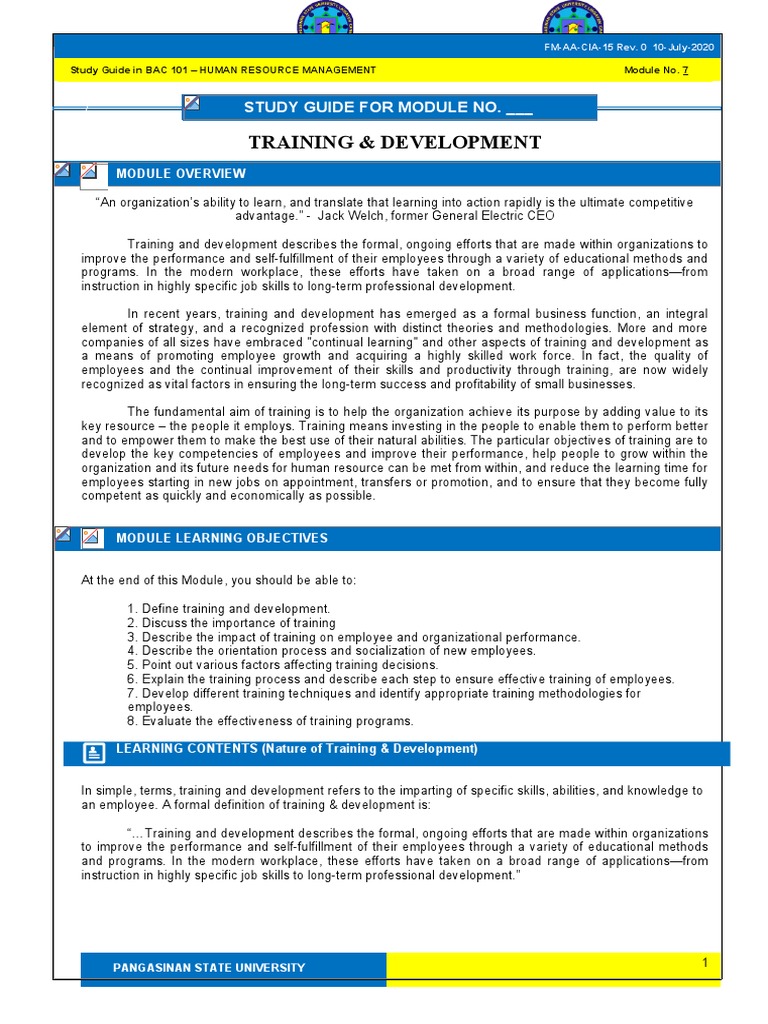 BAC101 HRM STUDYGUIDE Module 7 | PDF | Educational Technology | Learning