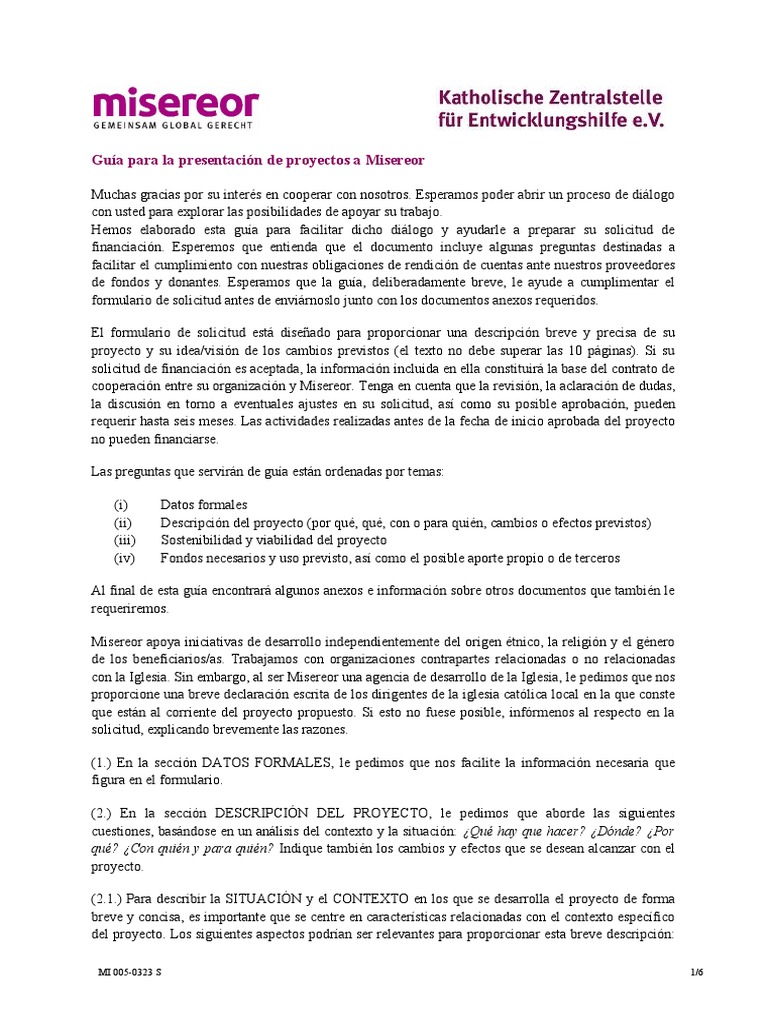 Guia para La Presentacion de Proyectos A Misereor | PDF | Sustentabilidad | Evaluación