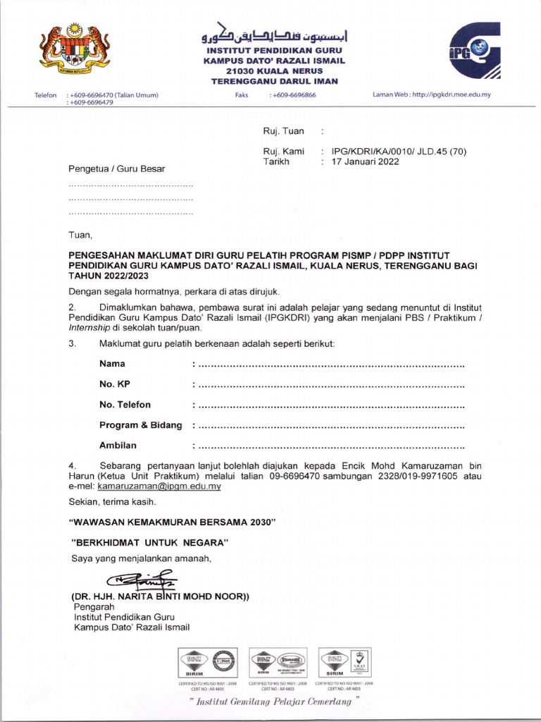 Surat - Pengesahan Maklumat Diri Guru Pelatih Program Pismp PDPP ...