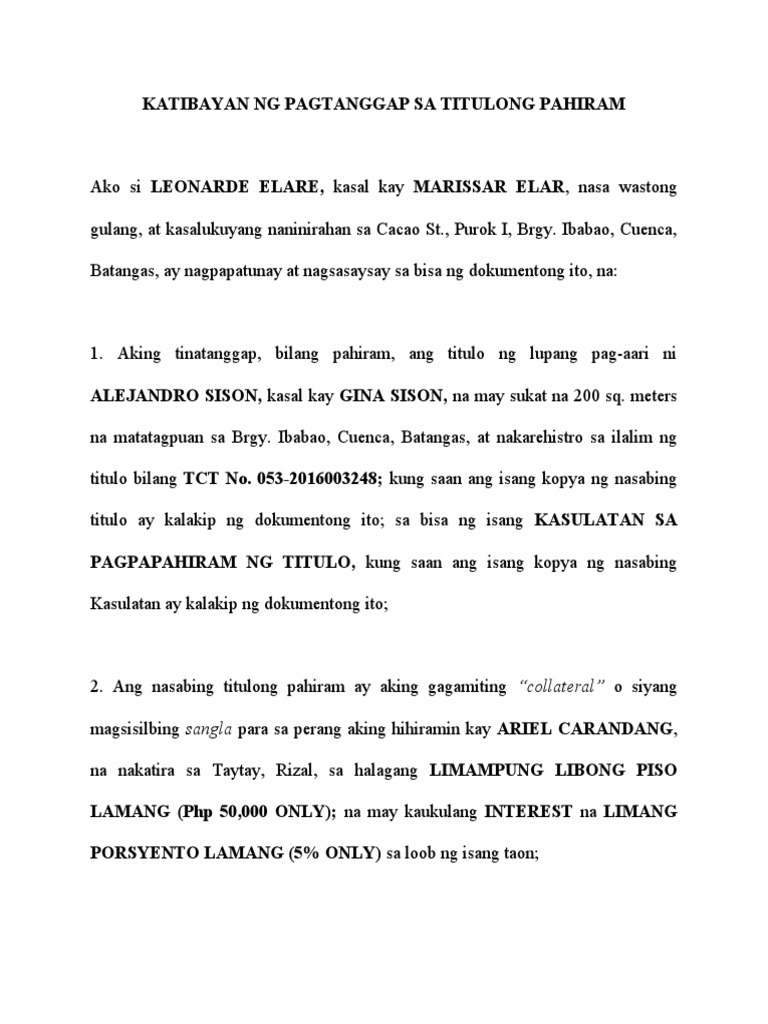 KATIBAYAN NG PAGTANGGAP SA TITULONG PAHIRAM | PDF