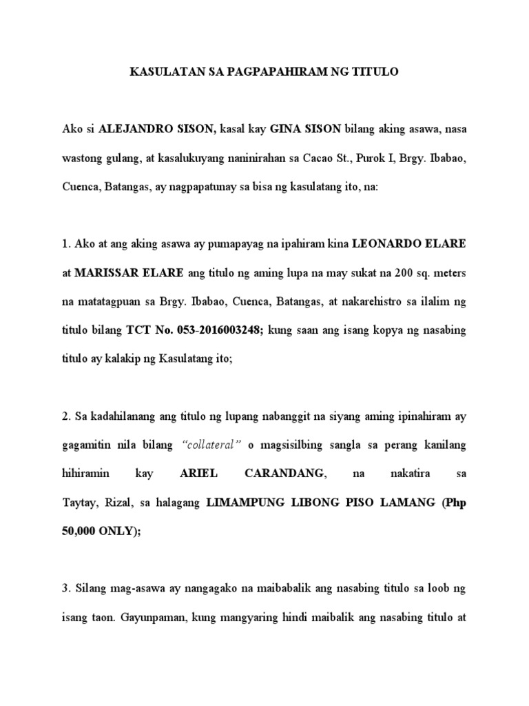 KASULATAN SA PAGPAPAHIRAM NG TITULO | PDF