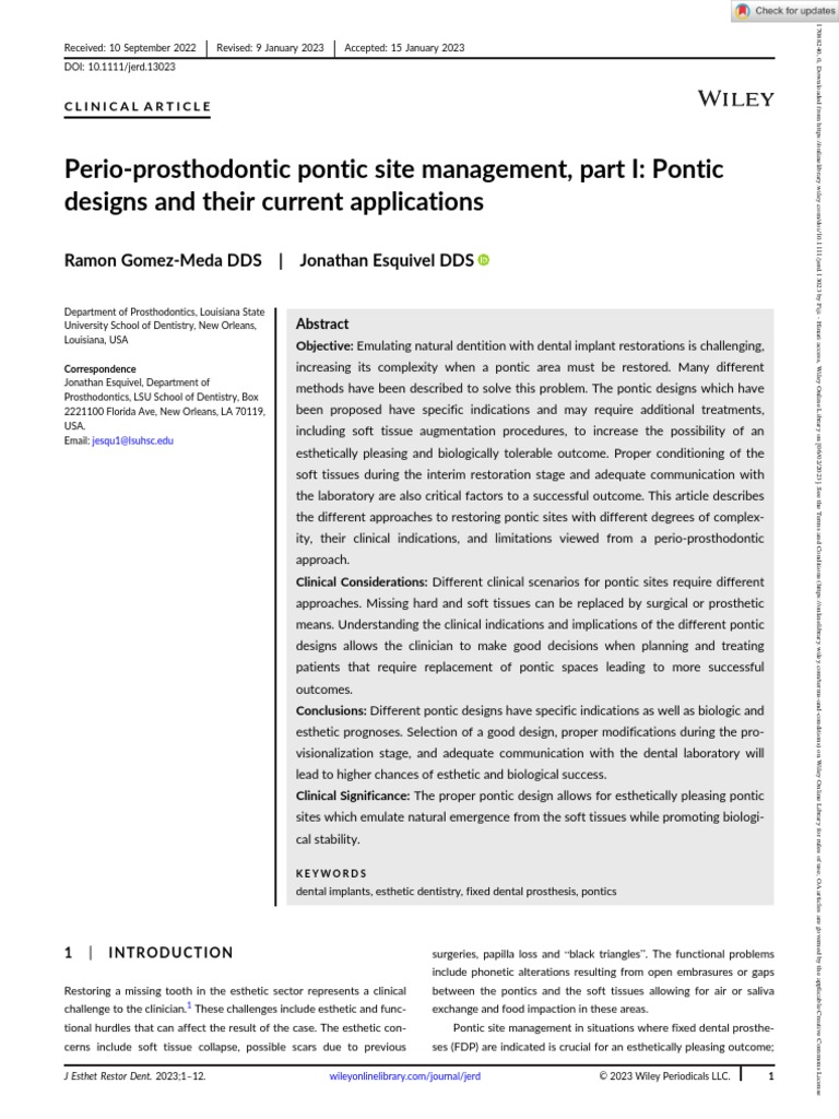 Perio-prosthodontic pontic site management, part I: Pontic designs and ...