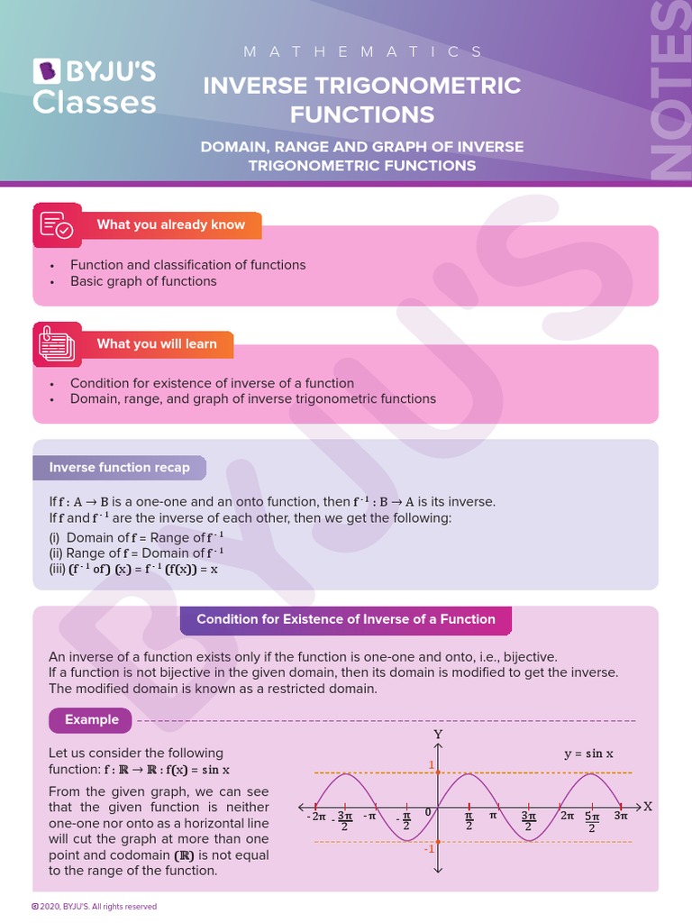 Domain, Range and Graph of Inverse Trigonometric Functions | PDF
