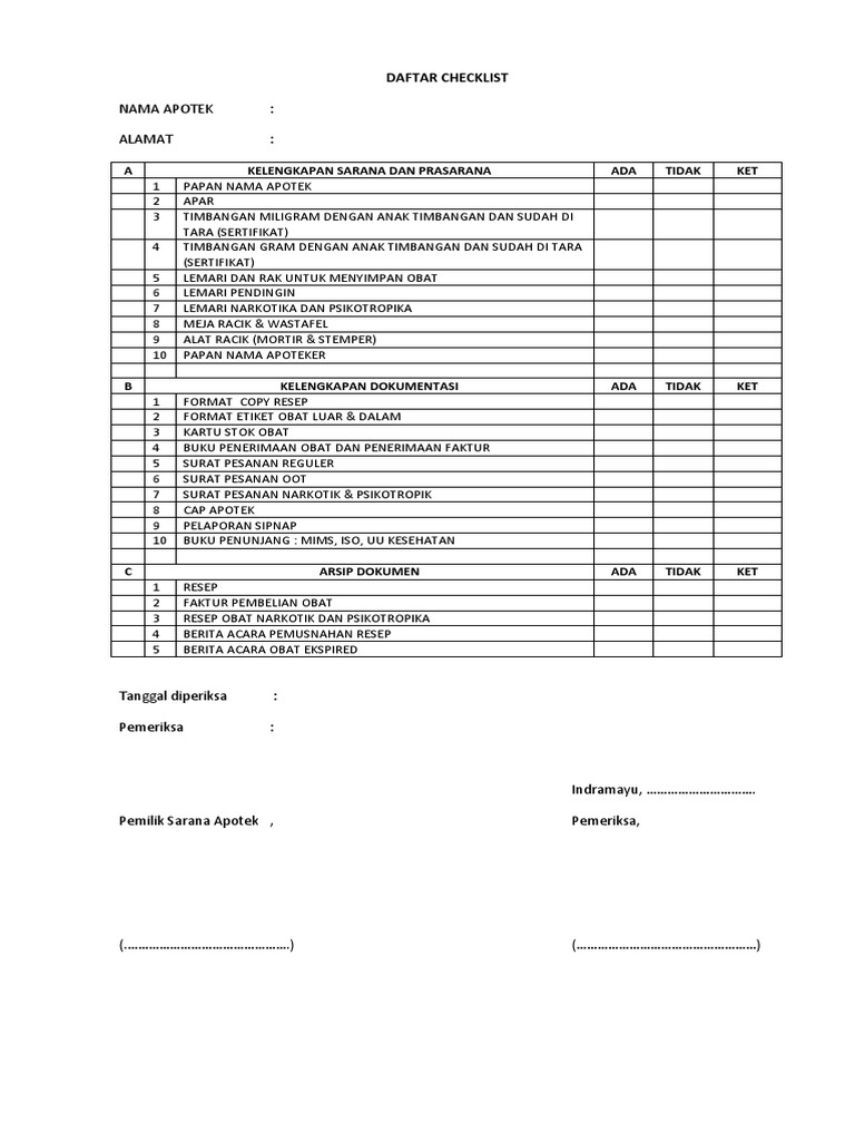 Daftar Checklist Apotek | PDF