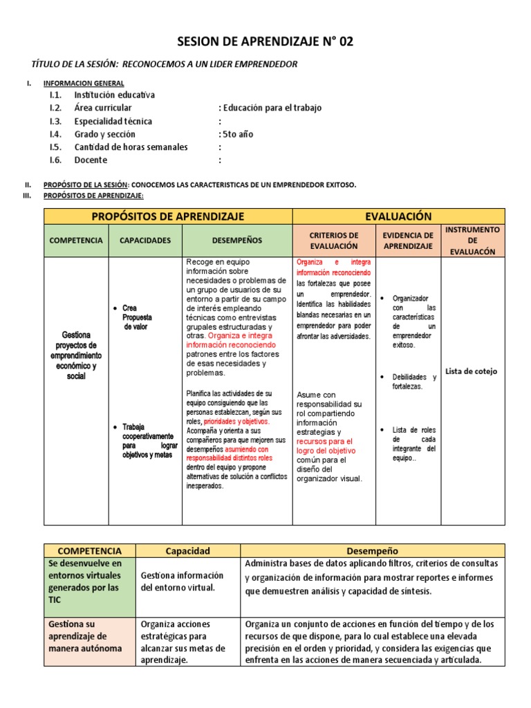 Sesion de Aprendizaje 2 | PDF | Iniciativa empresarial | Aprendizaje