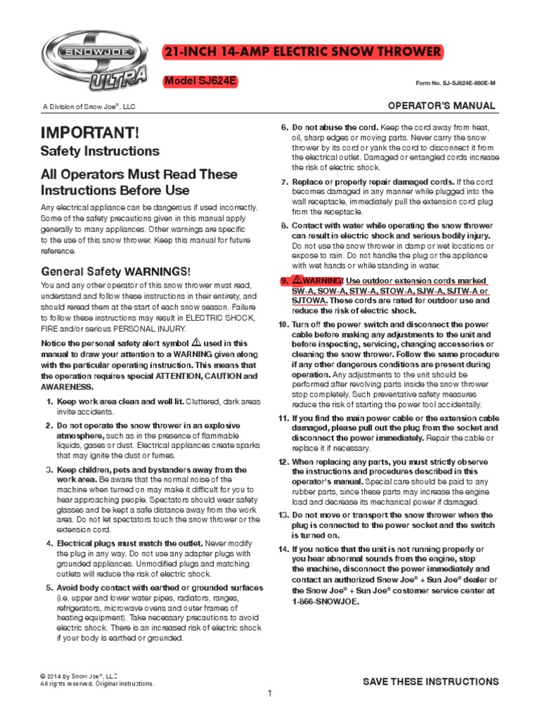 Snow Joe Ultra 21'' 14amp Manual | PDF | Ac Power Plugs And Sockets | Belt (Mechanical)