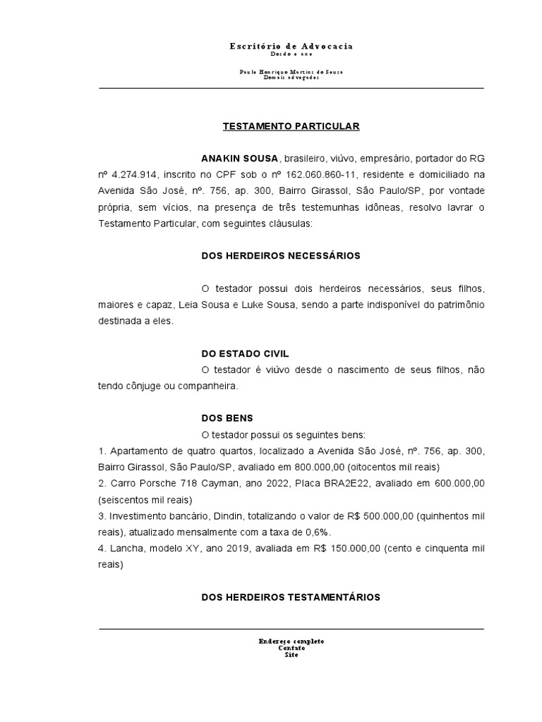 1.2 Modelo de testamento ordinário | PDF