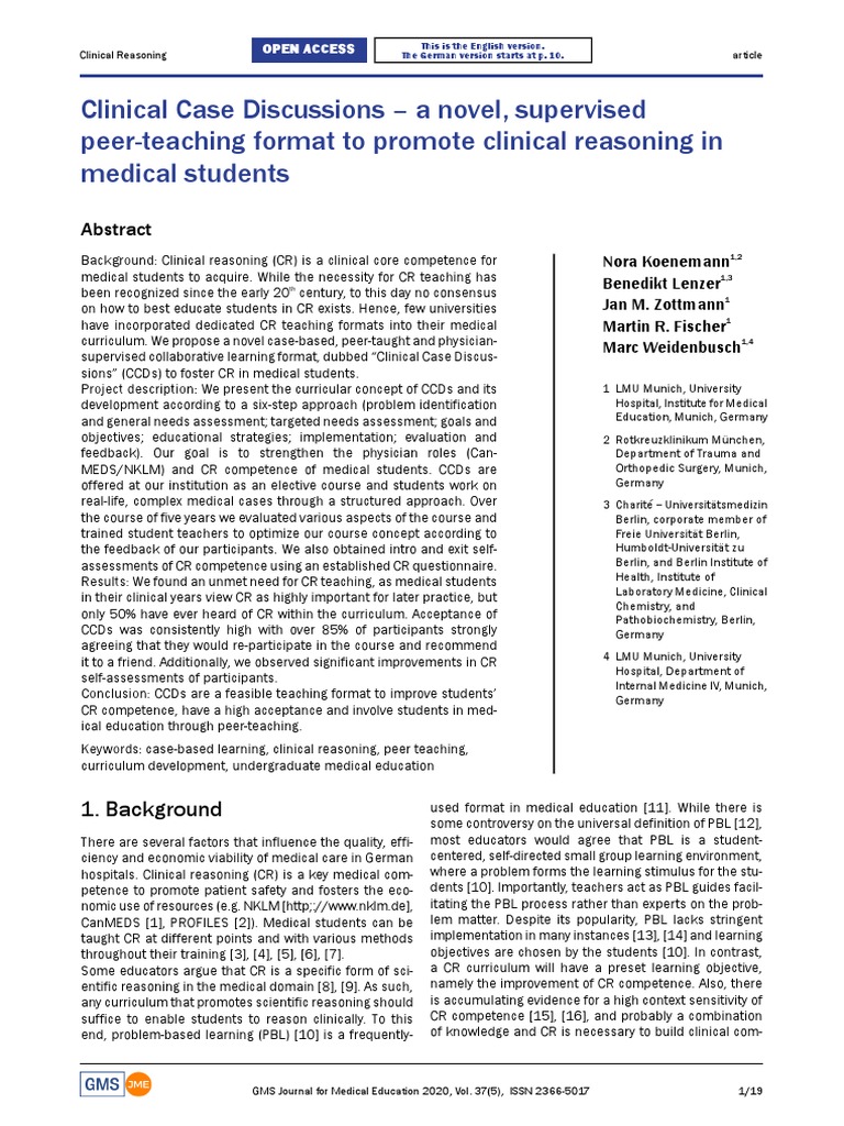 Clinical Case Discussions - A Novel, Supervised Peer-Teaching Format To Promote Clinical ...