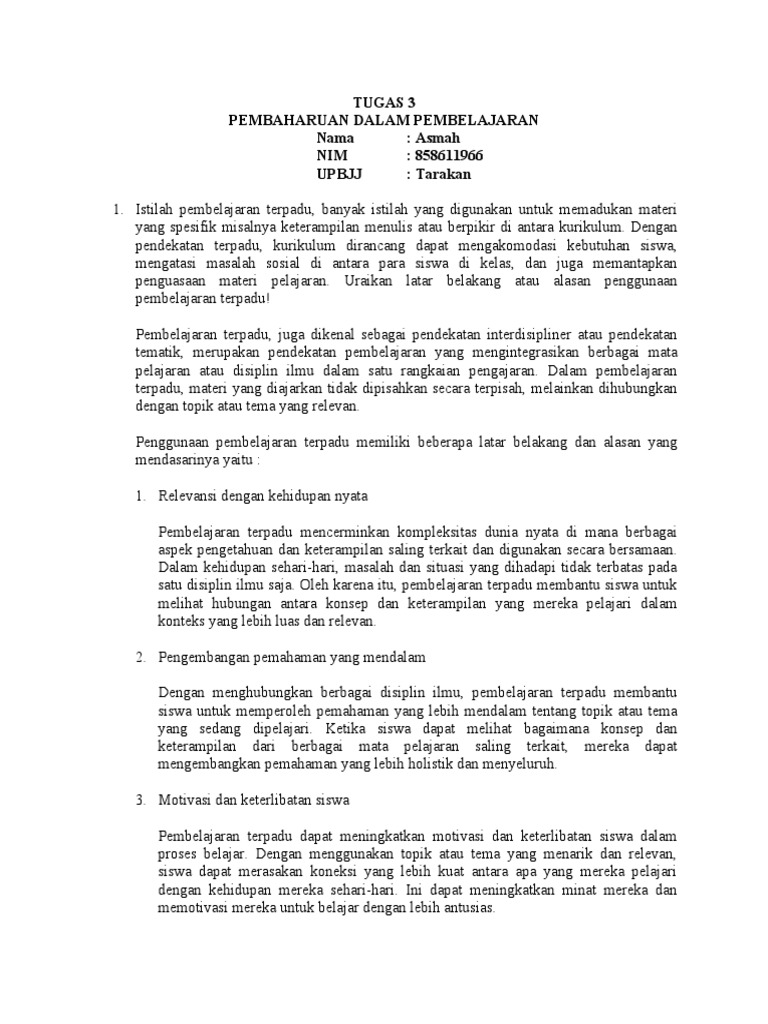 Pembelajaran Terpadu: Kelebihan dan Kelemahan | PDF