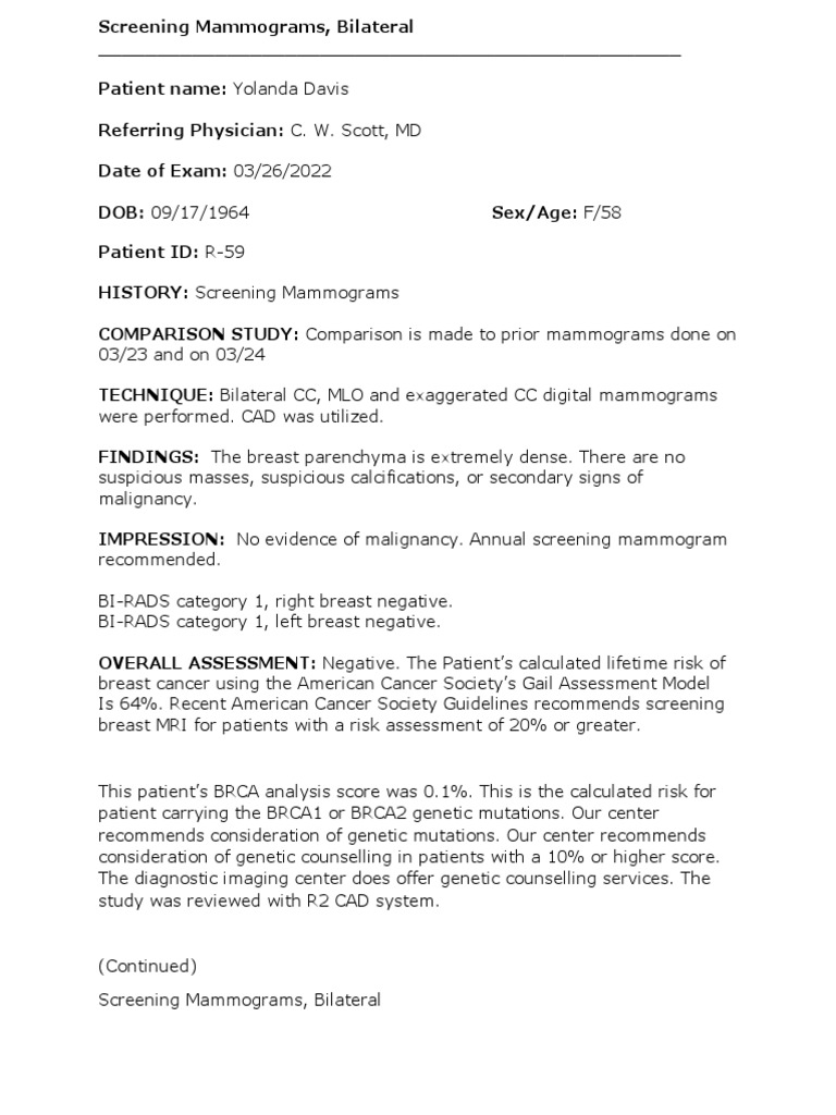 Medical Transcription Screening Mammograms | PDF