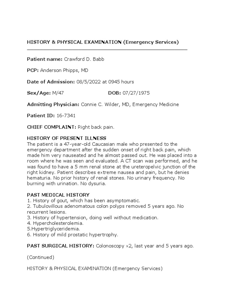 Emergency H&P: Renal Stone Case | PDF | Colonoscopy | Physical Examination