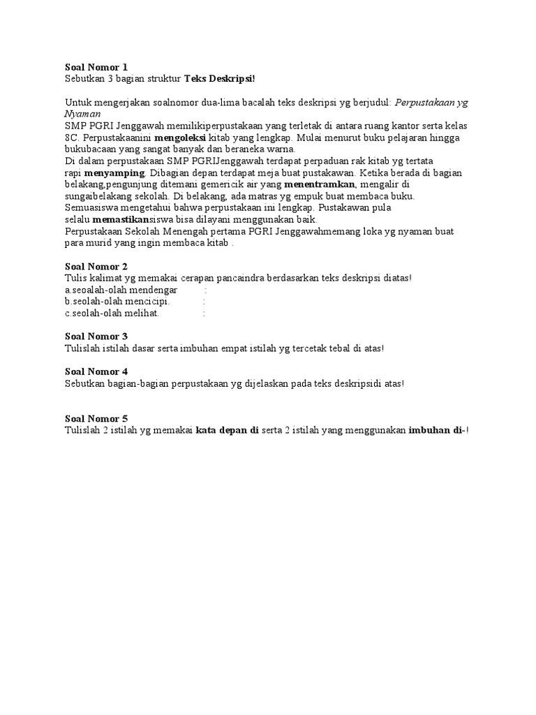 Soal Essay Teks Deskripsi Kelas 9 | PDF | Seni & Disiplin Bahasa