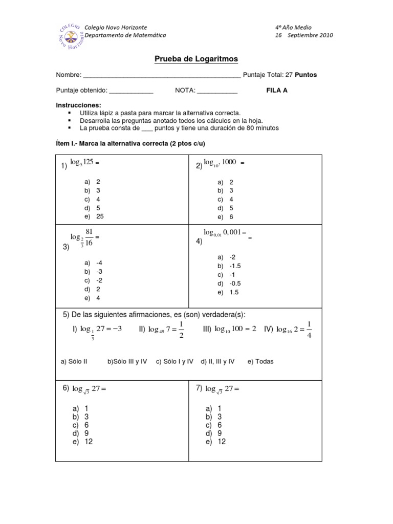 Prueba de Logaritmos | PDF