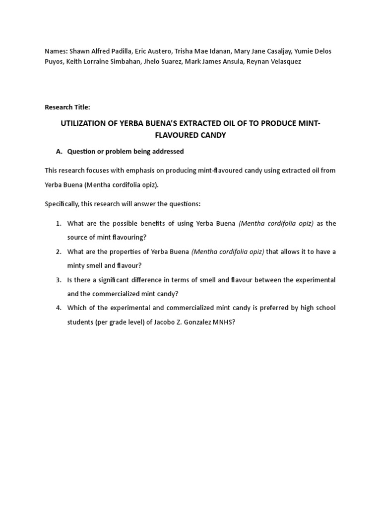 Utilization of Yerba Buena's Extracted Oil of To Produce Mint-Flavoured ...