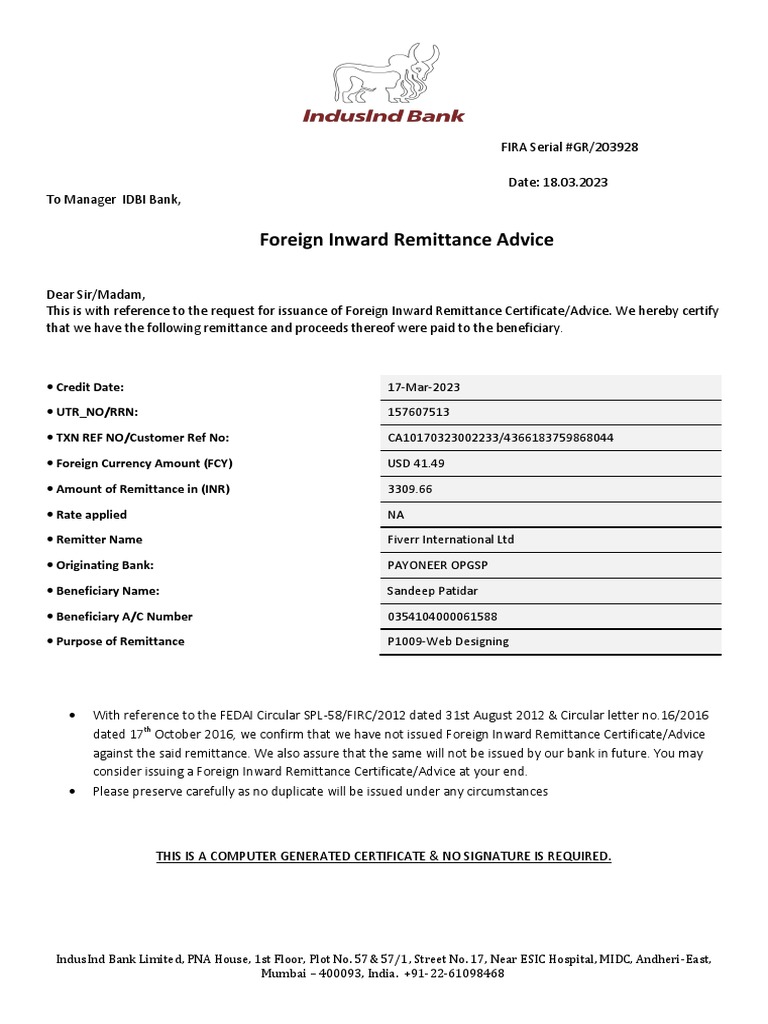 Foreign Inward Remittance Advice | PDF | Finance & Money Management