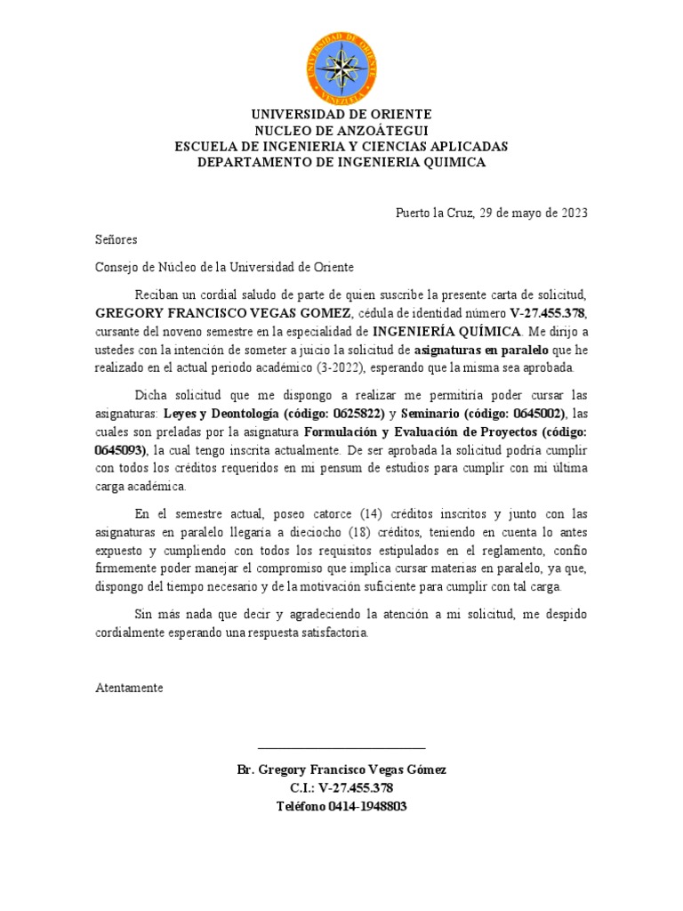 Carta de Solicitud de Paralelo | PDF