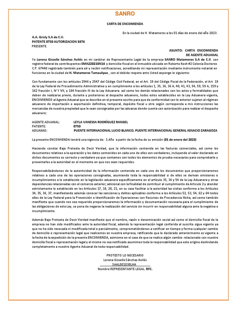 Carta Encomienda Anual Aduana. SANRO | PDF