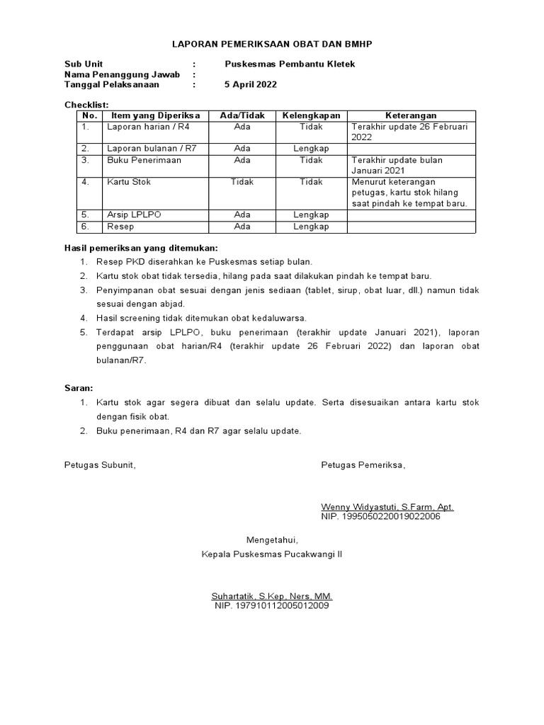 Laporan Pemeriksaan Obat Dan BMHP | PDF