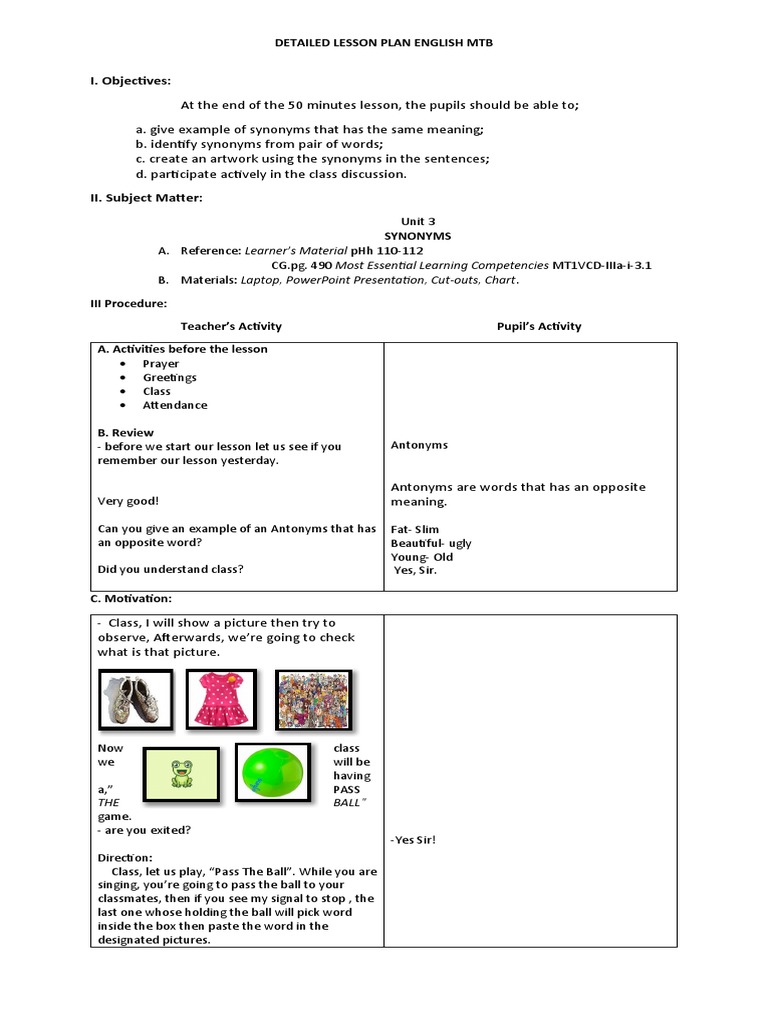 Grade 1 Synonyms Lesson Plan | PDF | Lesson Plan | Behavior Modification