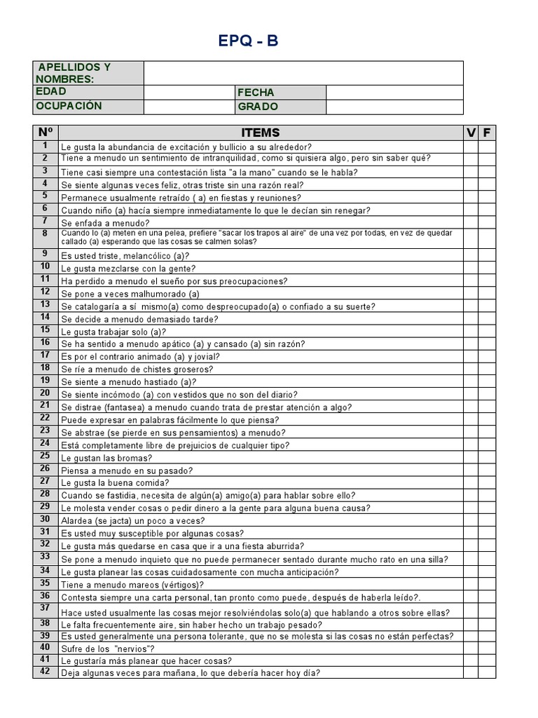 Cuestionario de Personalidad EPQ-B | PDF