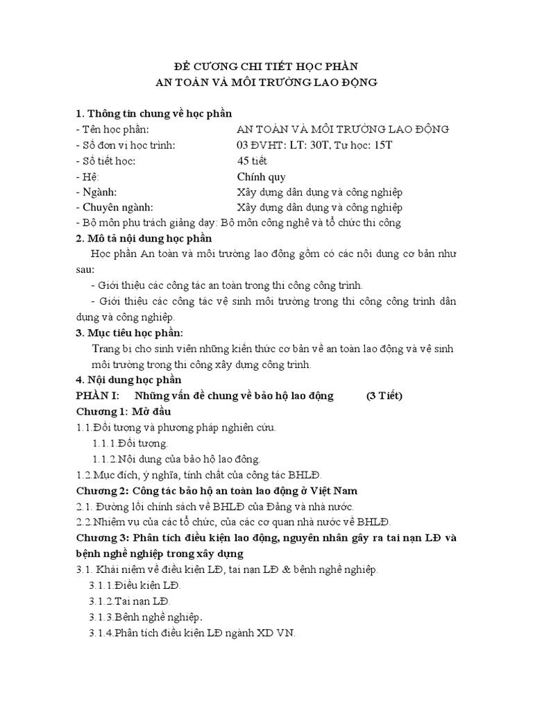 De Cuong Mon Hoc Atva MTLD Nganh XD DD CN | PDF