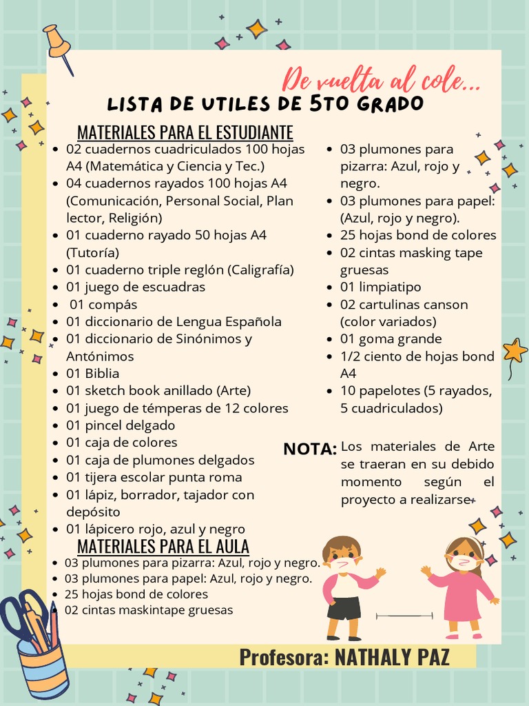 Lista de Útiles 5to Grado | PDF