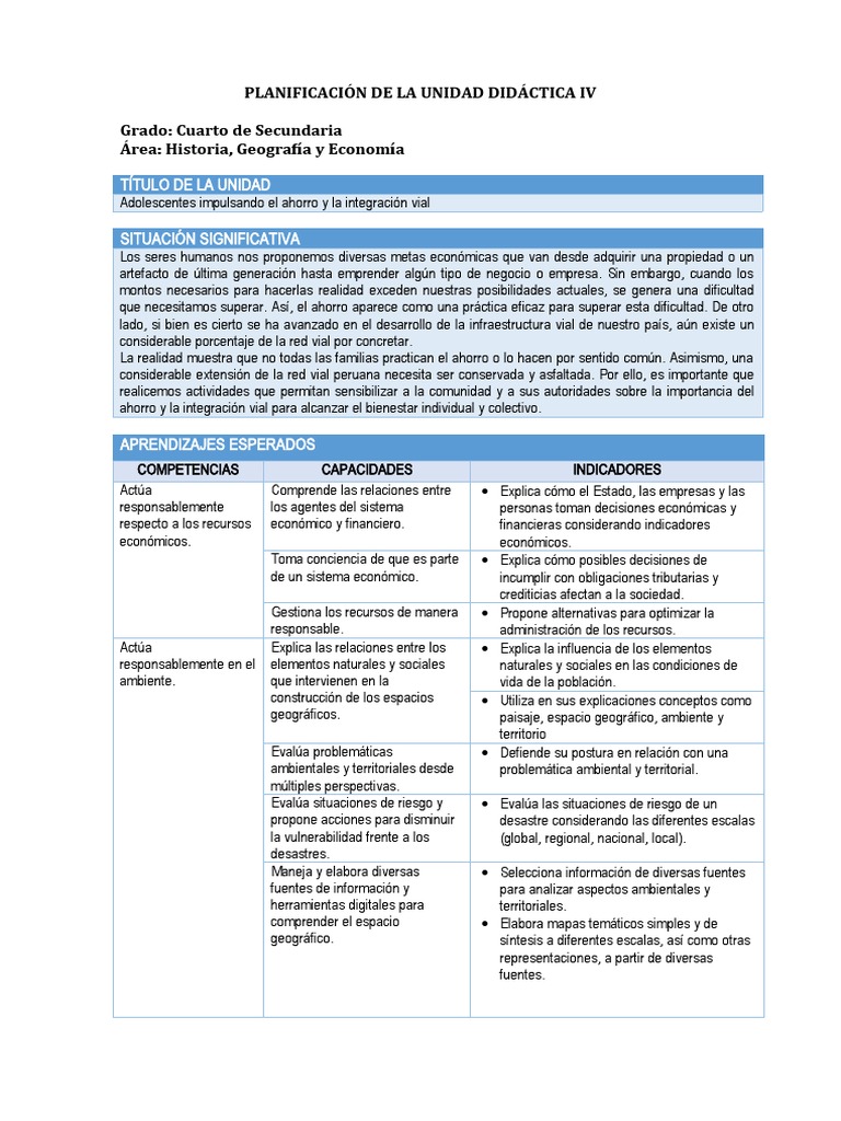 HGE - Planificación Unidad 4 - 4to Grado | PDF | Perú | Entorno natural