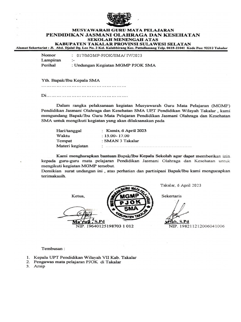Undangan MGMP Pjok Sma 2023 | PDF