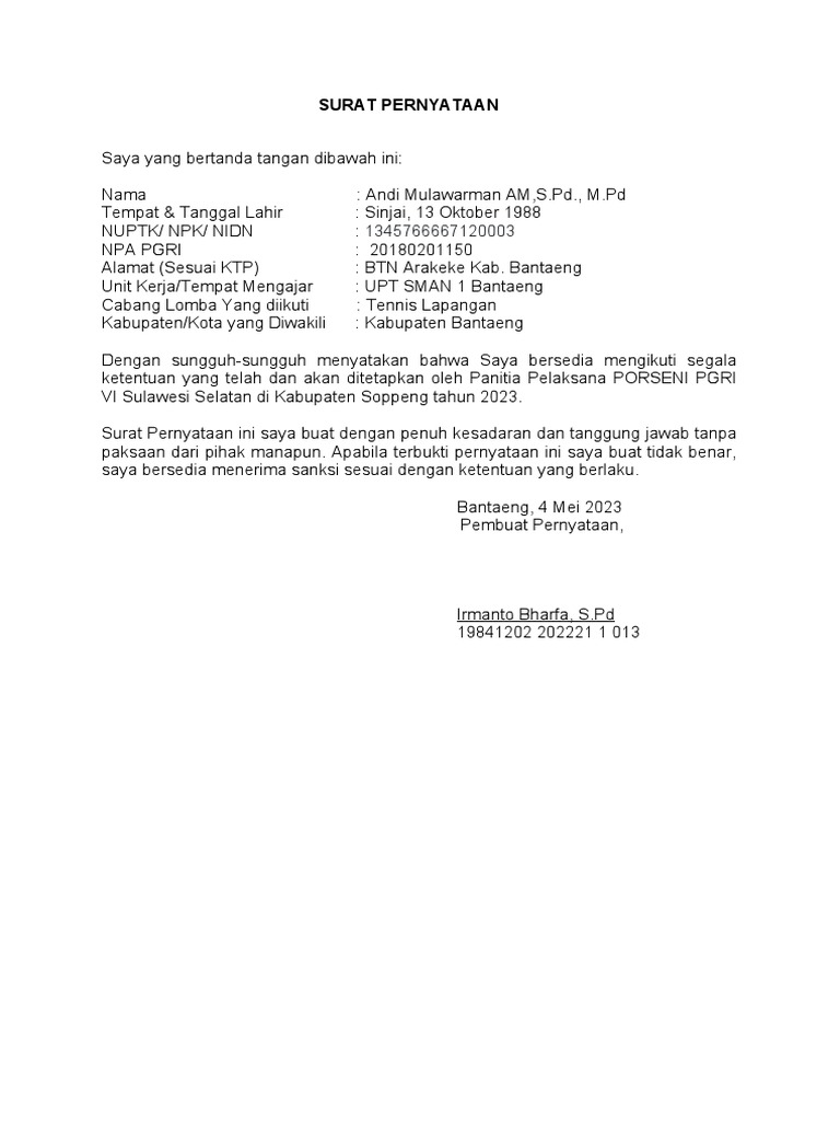 Surat Pernyataan Pgri Arman | PDF