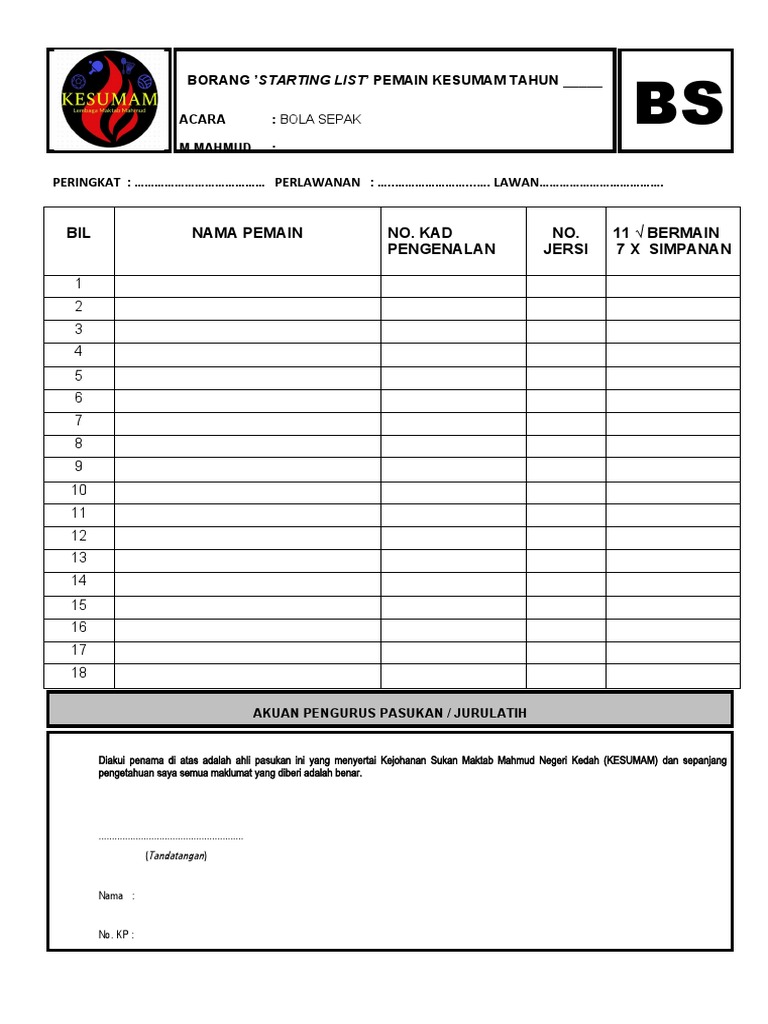 Borang Starting List KESUMAM | PDF