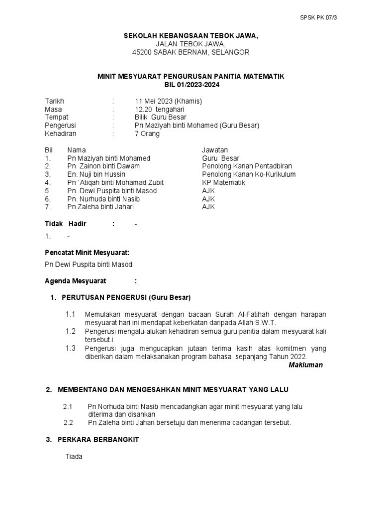 Minit Mesyuarat (1) - Panitia 2023-24 | PDF