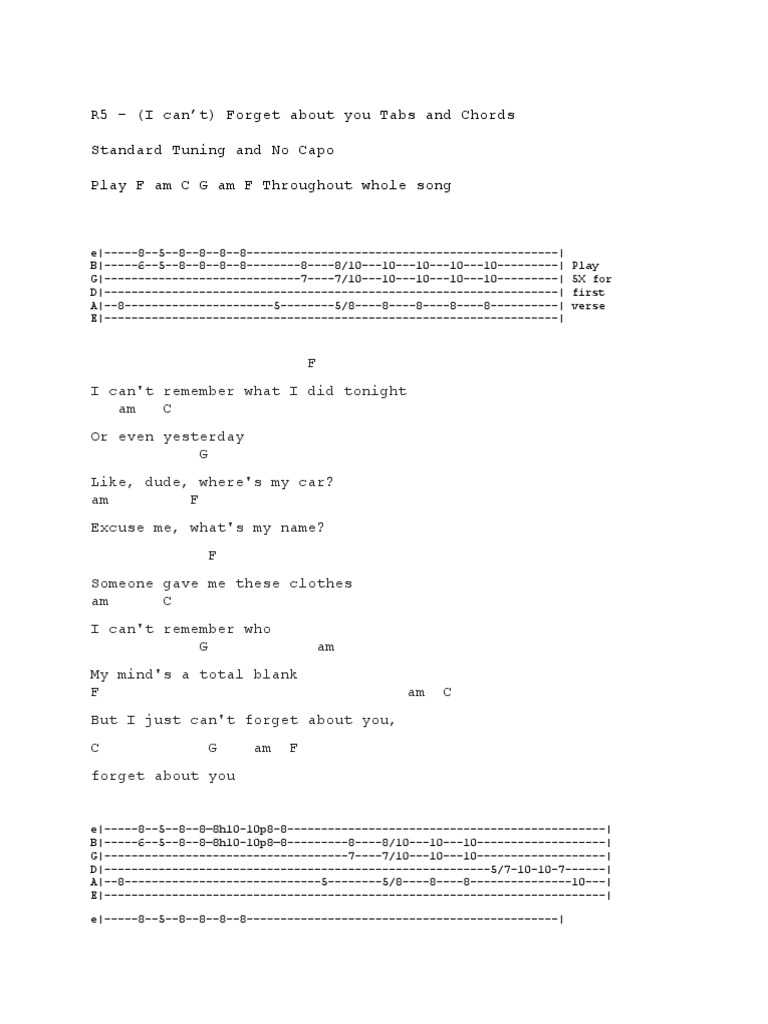 R5 - (I Can't) Forget About You Tab and Chords | PDF