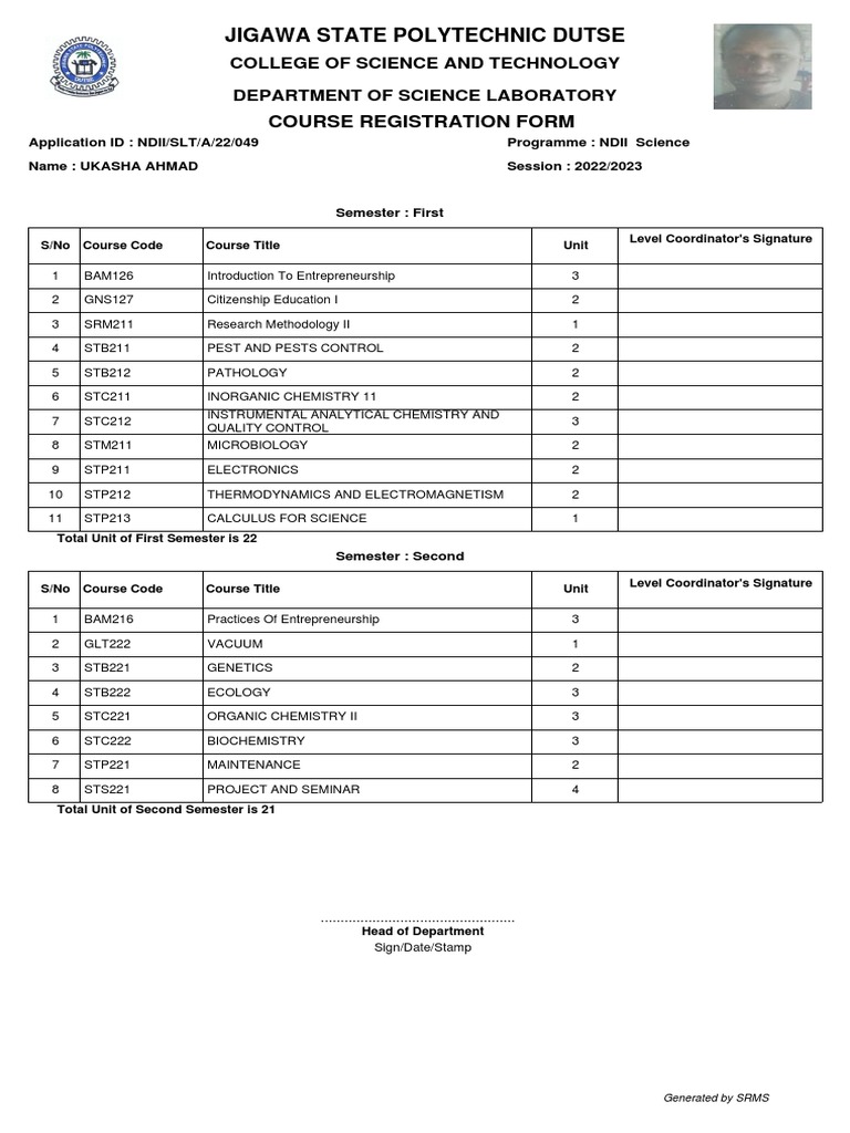 Jigawa State Polytechnic Dutse: Course Registration Form | PDF ...